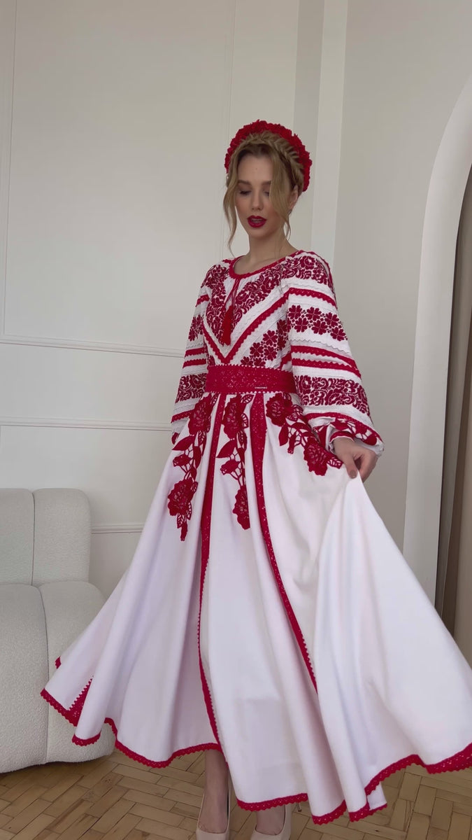 Lyubava Dress red embroidery ( midi ) – Tetyana Paliy