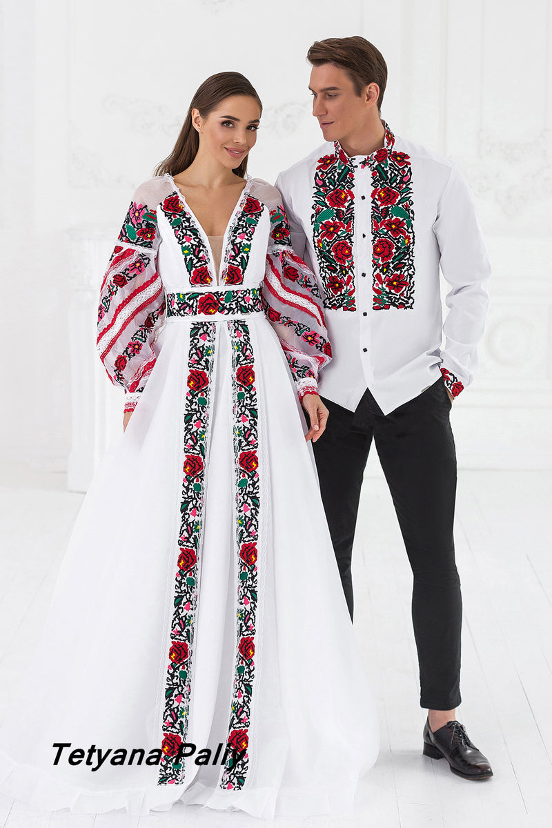 Dress Maina, man's shirt Timur (red embroidery) – Tetyana Paliy